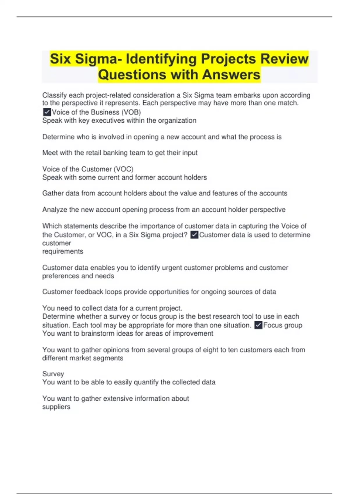 Six Sigma- Identifying Projects Review Questions with Answers - Six ...