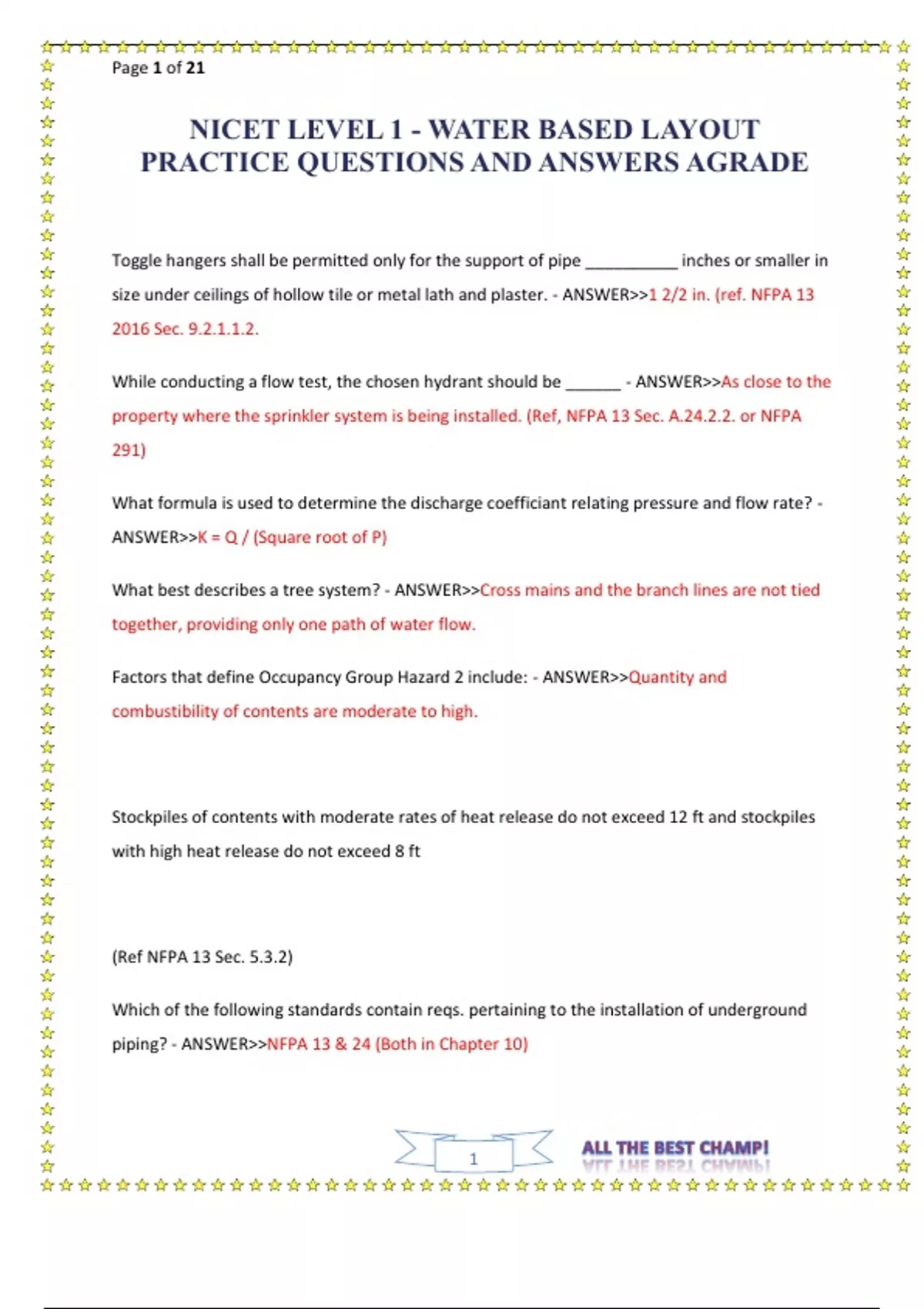 NICET LEVEL 1 - WATER BASED LAYOUT PRACTICE QUESTIONS AND ANSWERS ...