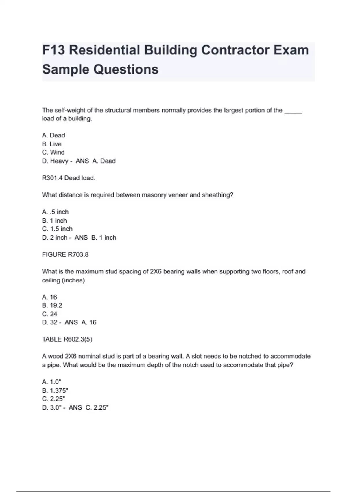 F13 Residential Building Contractor Exam Sample Questions And Answers ...