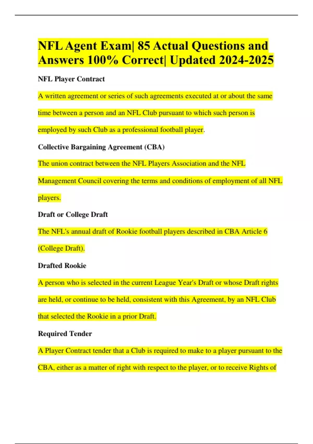 NFL Agent Exam| 85 Actual Questions and Answers 100% Correct| Updated ...