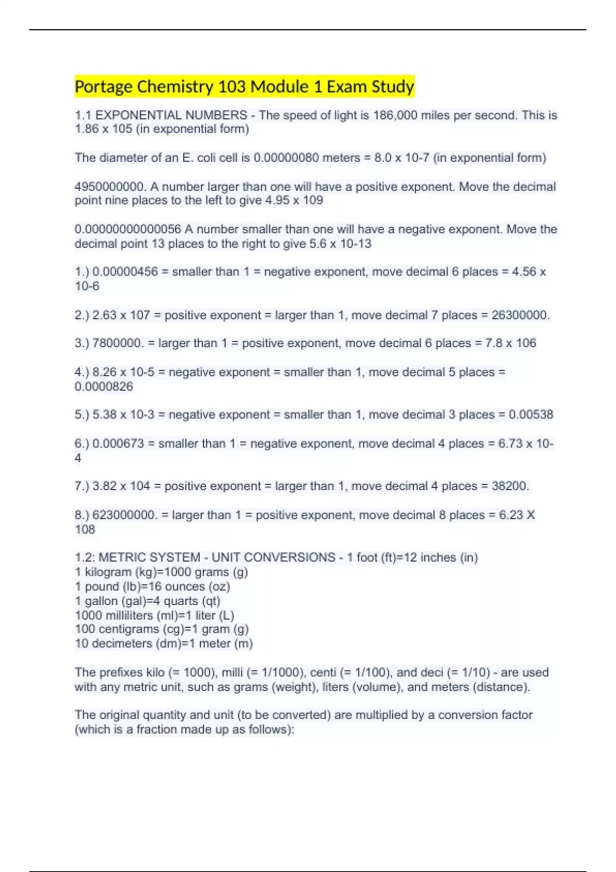 Portage Chemistry 103 Module 1 Exam Study - Chemistry 103 - Stuvia US