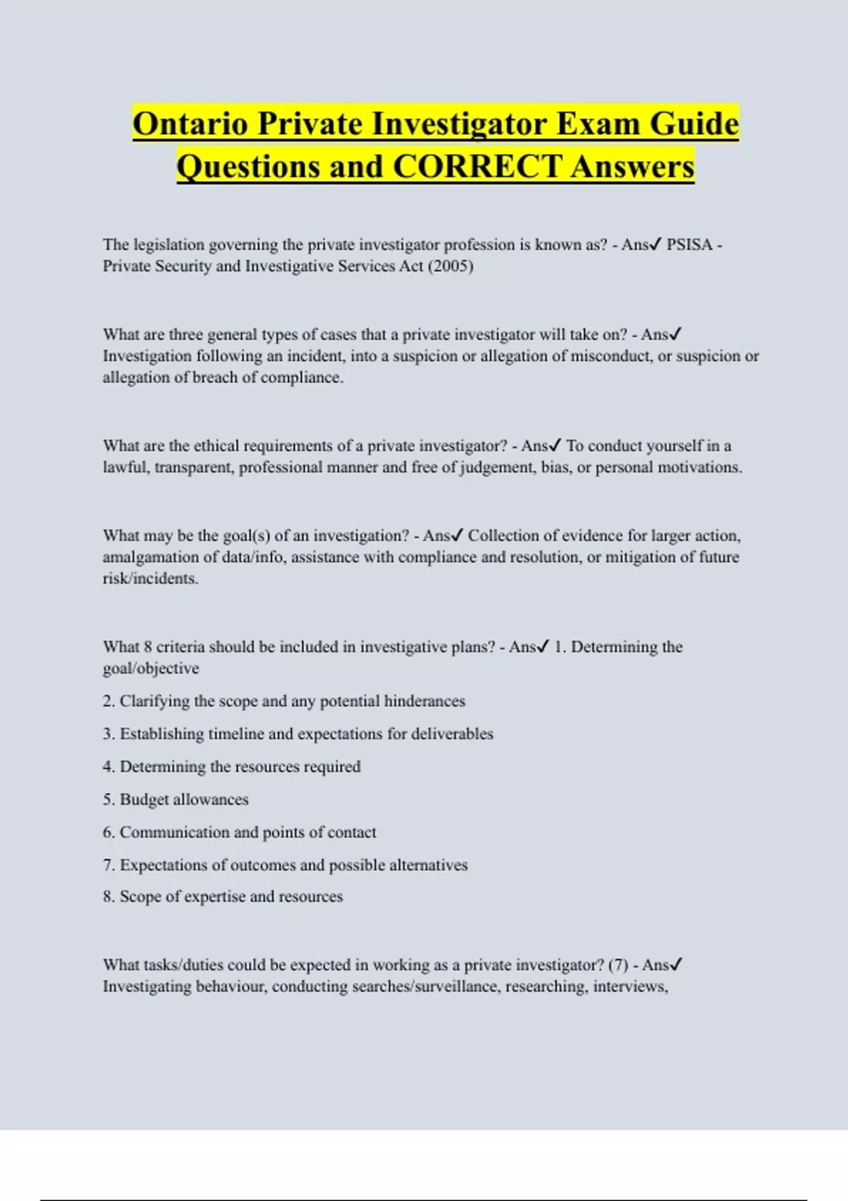 Ontario Private Investigator Exam Guide Questions and CORRECT Answers ...