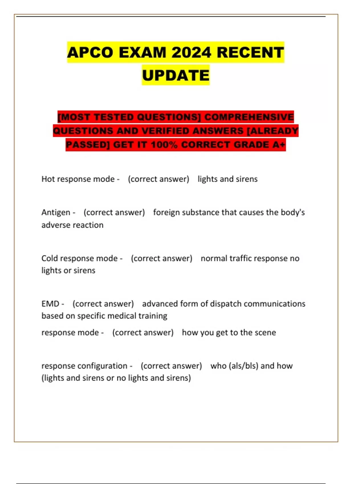 APCO EXAM 2024 RECENT UPDATE [MOST TESTED QUESTIONS] COMPREHENSIVE ...