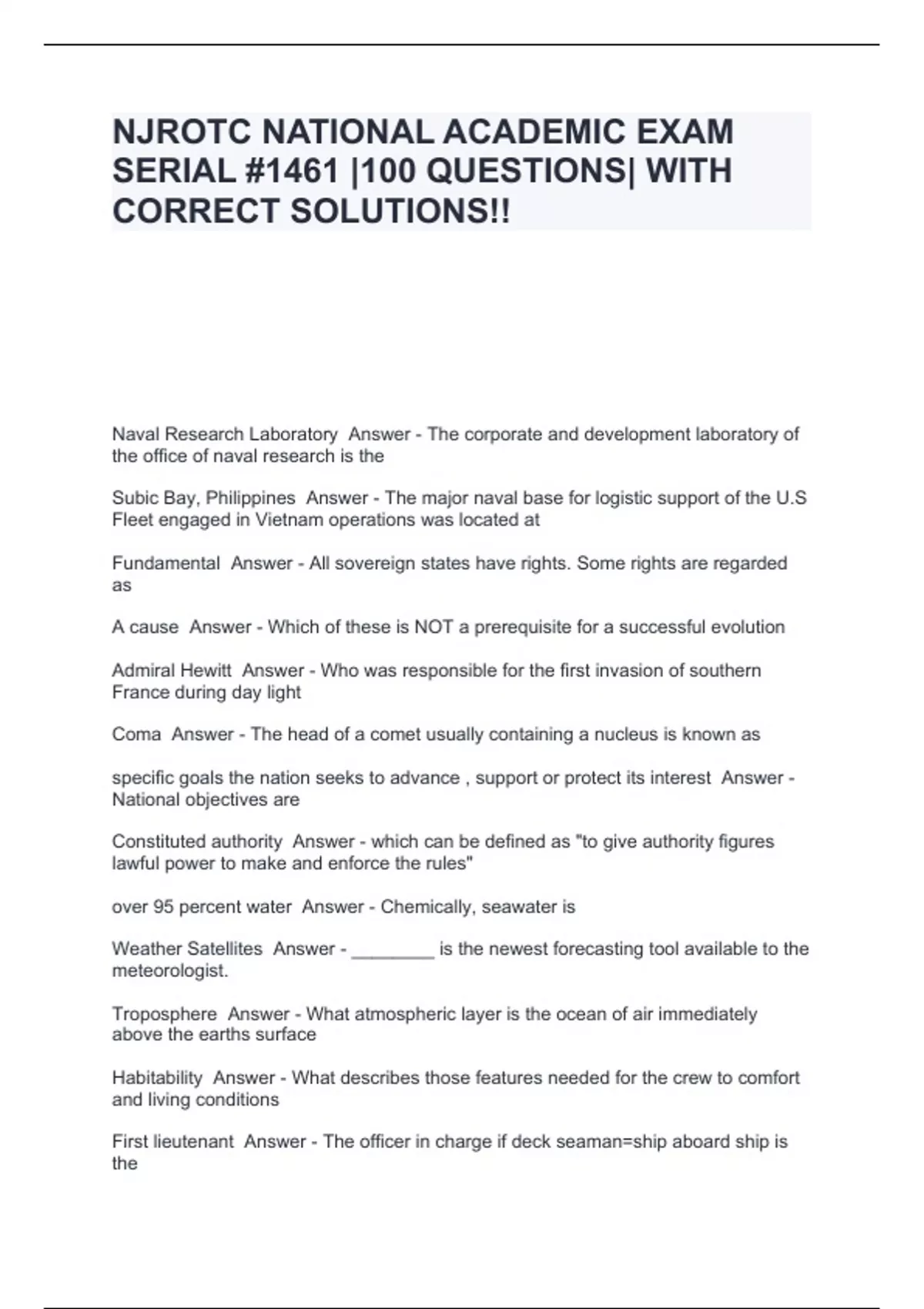 NJROTC NATIONAL ACADEMIC EXAM SERIAL #1461 |100 QUESTIONS| WITH CORRECT ...