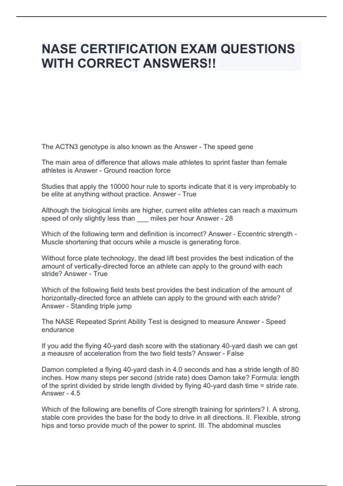 NASE CERTIFICATION EXAM QUESTIONS WITH CORRECT ANSWERS!! - NASE - Stuvia SA