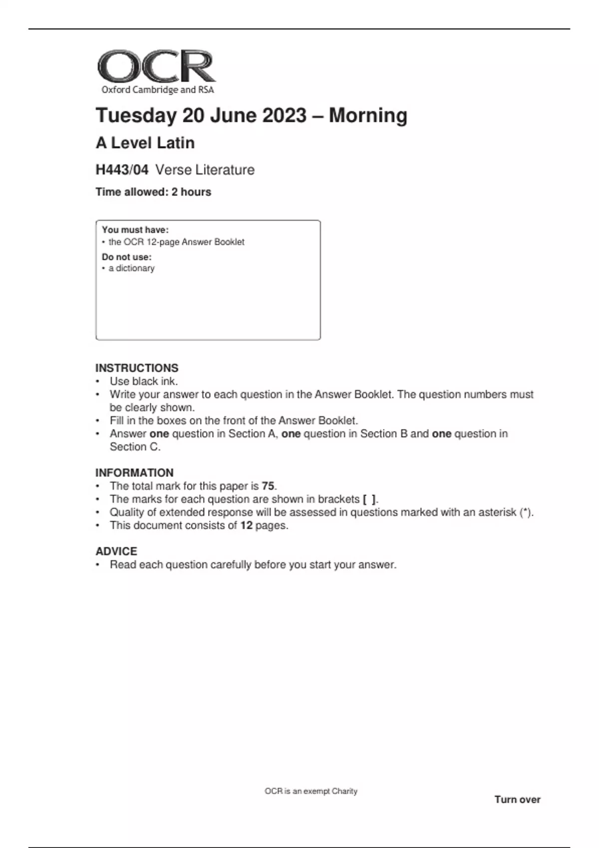 Oxford Cambridge and RSA A Level Latin H443/04 Verse Literature ...