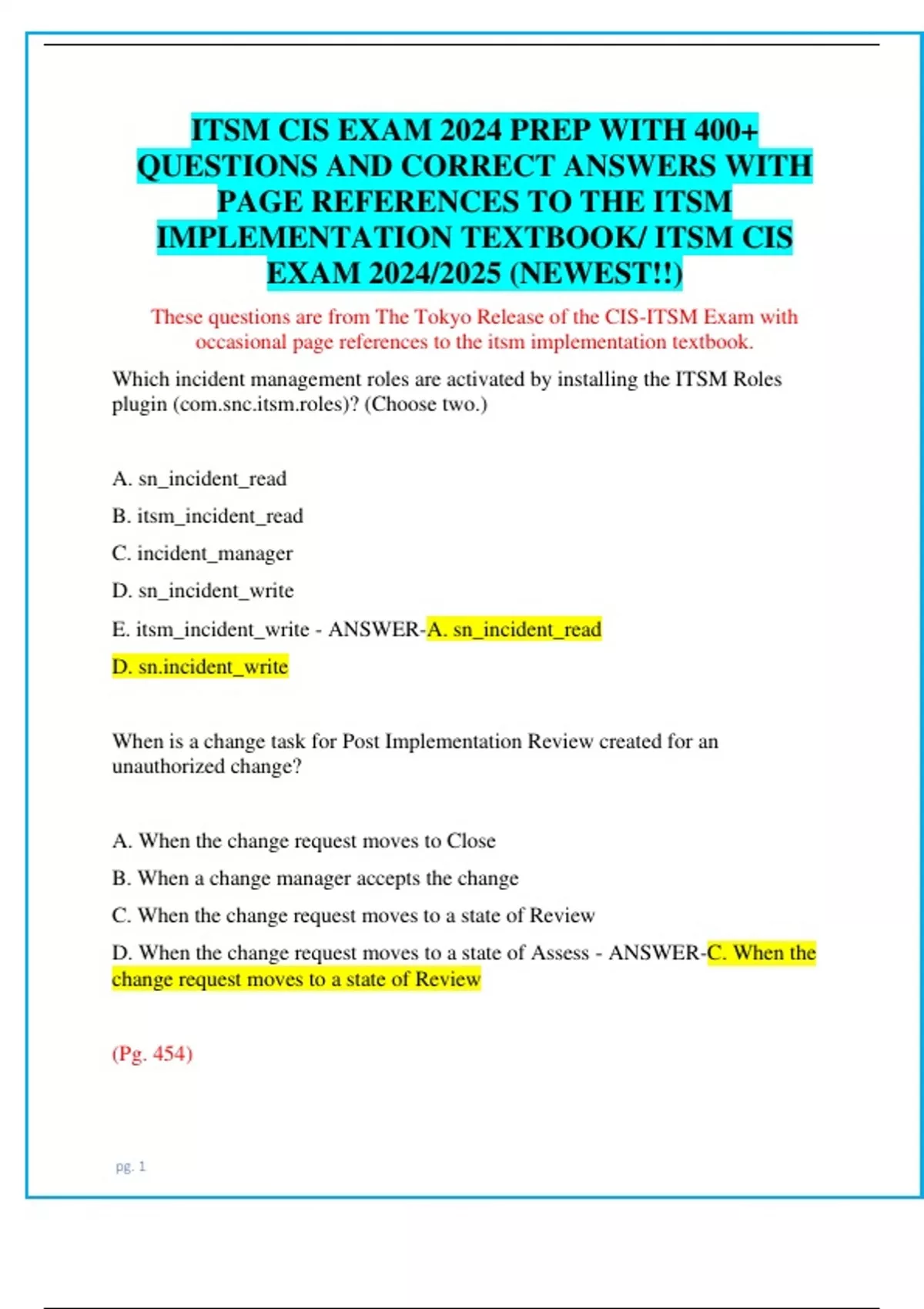 ITSM CIS EXAM 2024 PREP WITH 400+ QUESTIONS AND CORRECT ANSWERS WITH PAGE REFERENCES TO THE ITSM ...