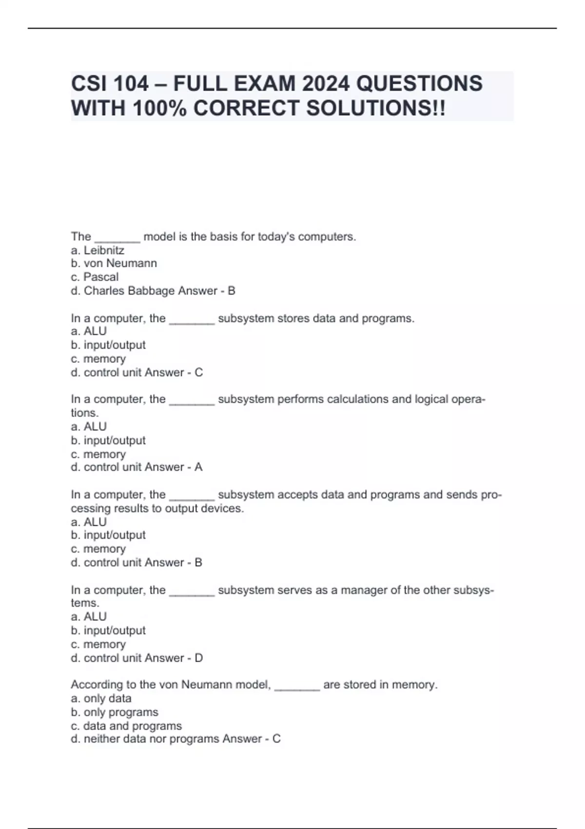 CSI 104 – FULL EXAM 2024 QUESTIONS WITH 100% CORRECT SOLUTIONS!! - CSI ...