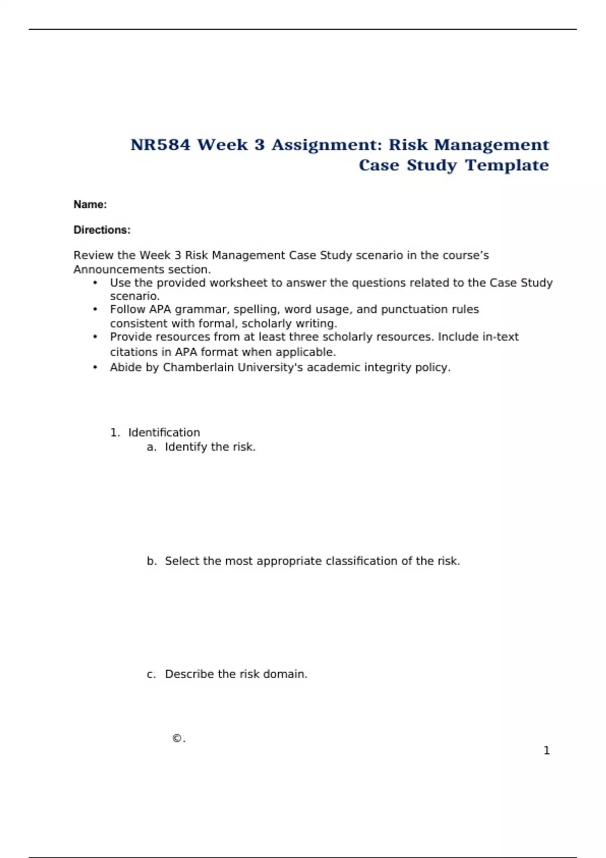 NR584 Week 3 Assignment: Risk Management Case Study Template - NR 584 ...