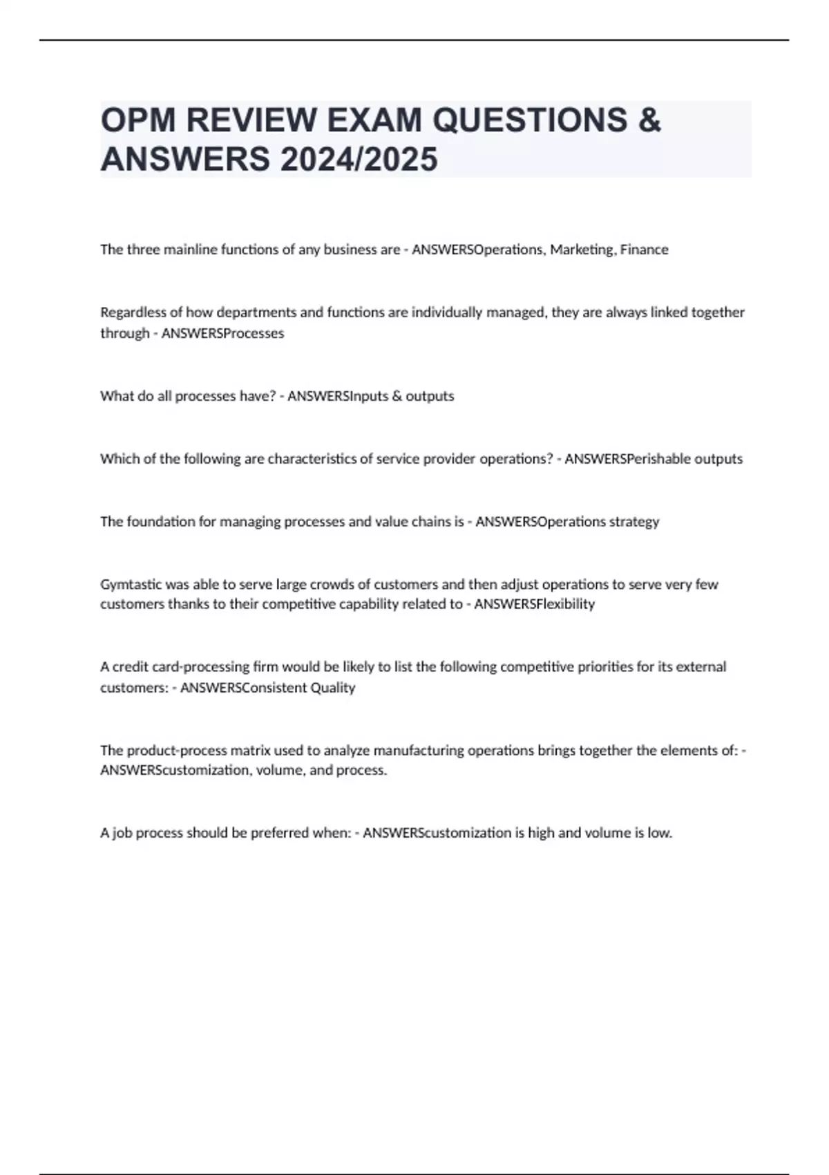 OPM REVIEW EXAM QUESTIONS & ANSWERS 2024/2025 - OPM - Stuvia US