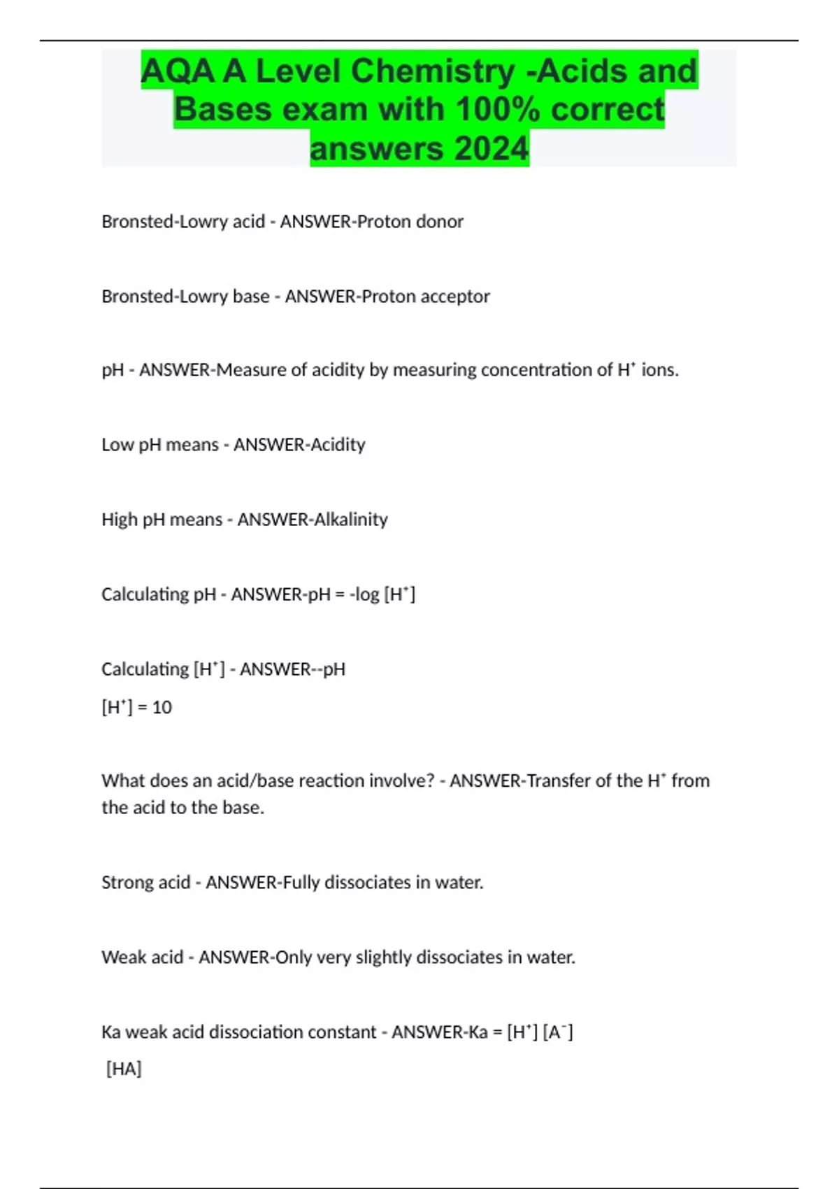 AQA A Level Chemistry -Acids and Bases exam with 100% correct answers ...