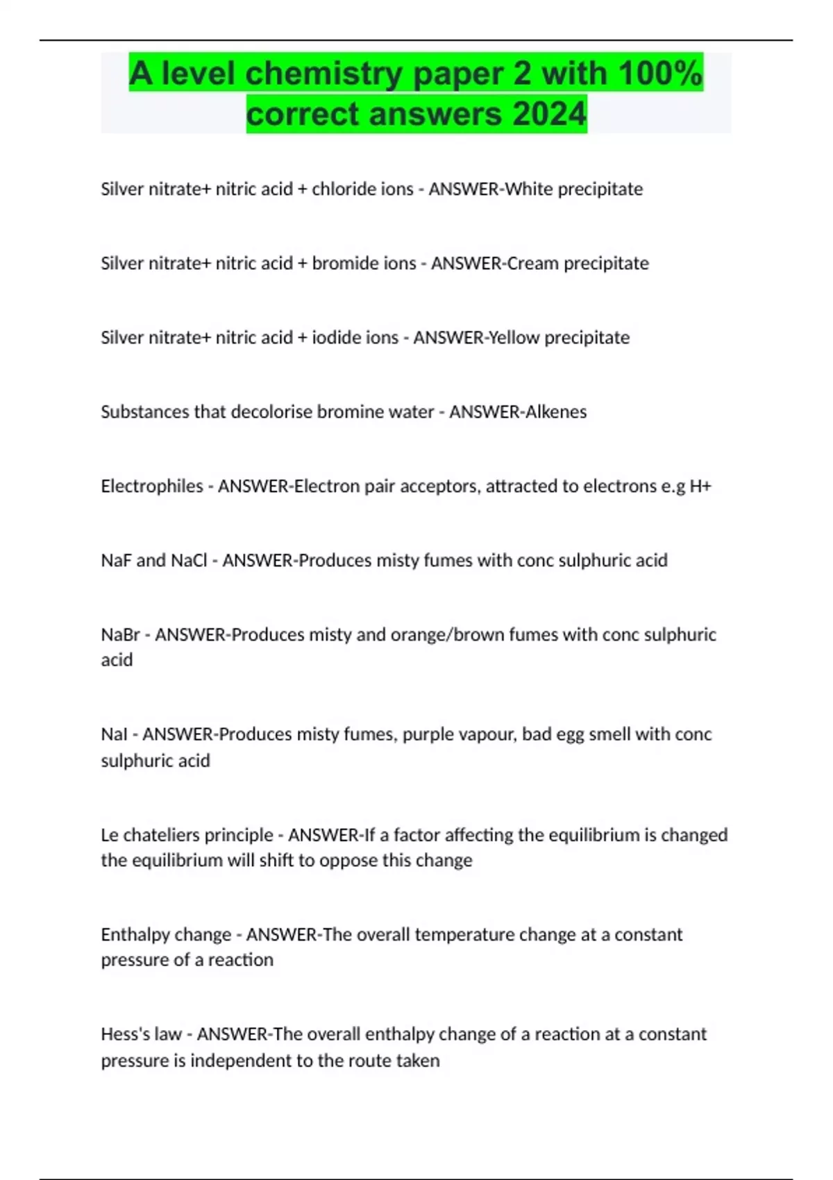 A level chemistry paper 2 with 100% correct answers 2024 - Chemistry ...