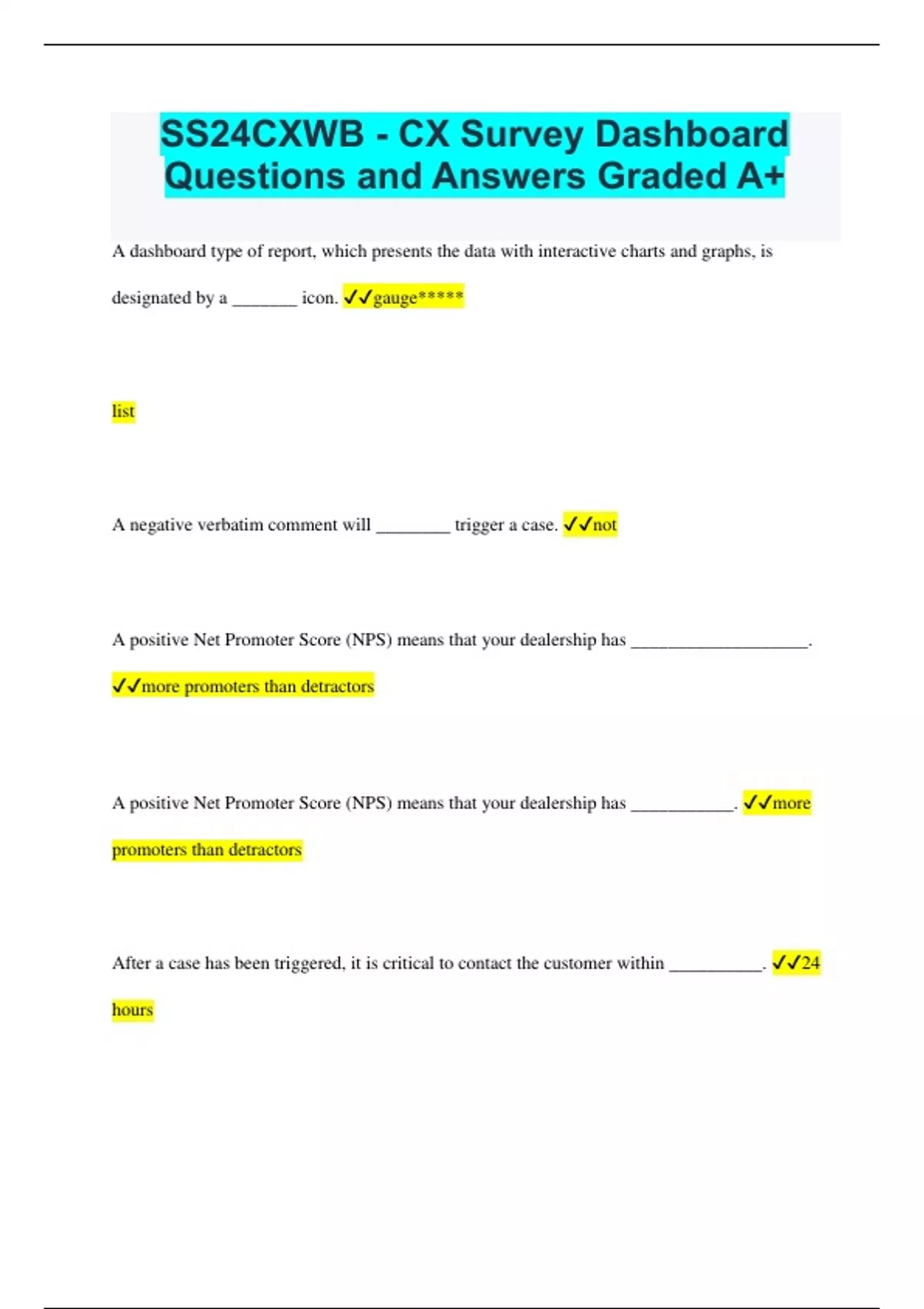 SS24CXWB - CX Survey Dashboard Questions and Answers Graded A+ ...