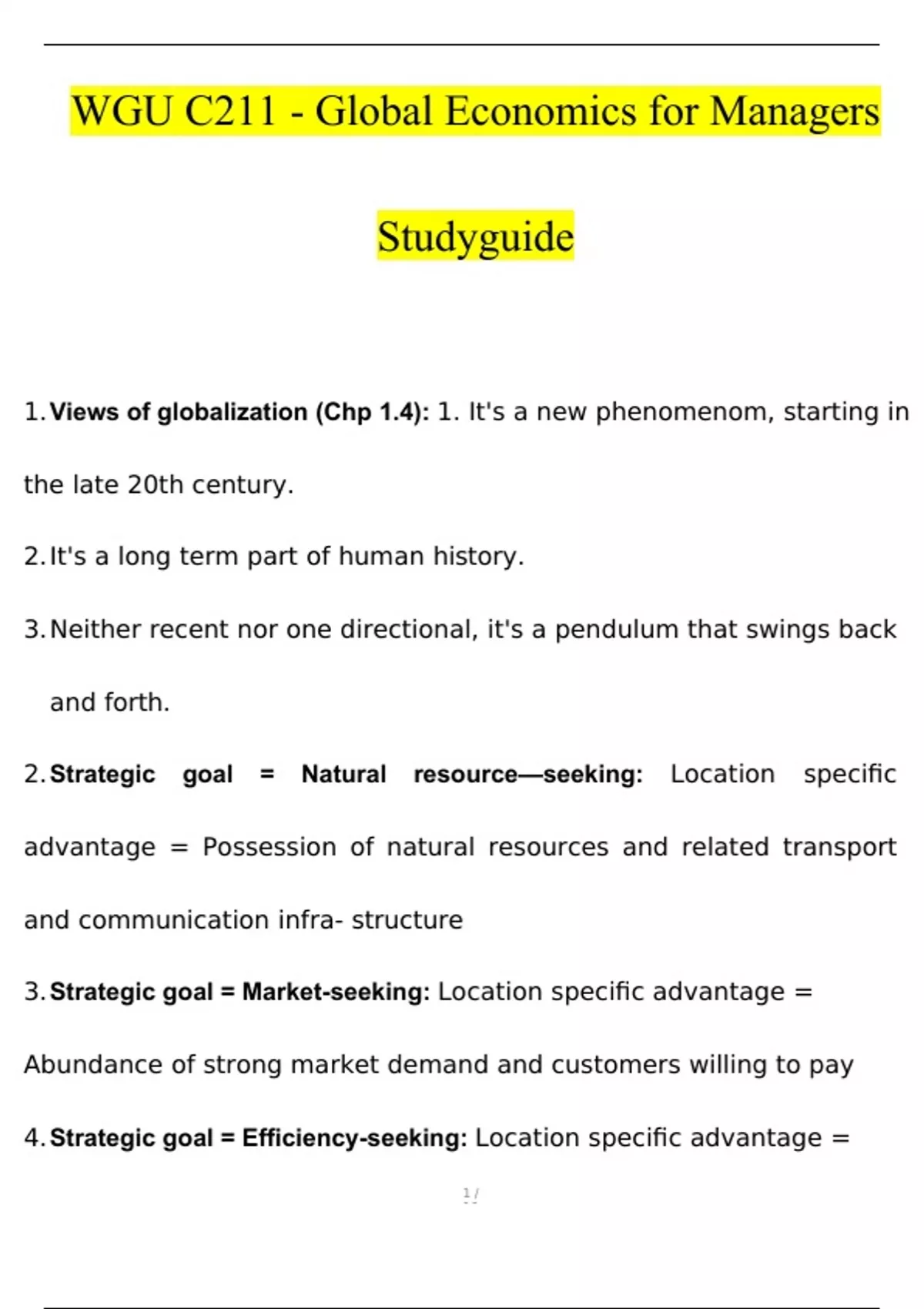 WGU C211 - Global Economics for Managers Study guide Actual Exam with ...