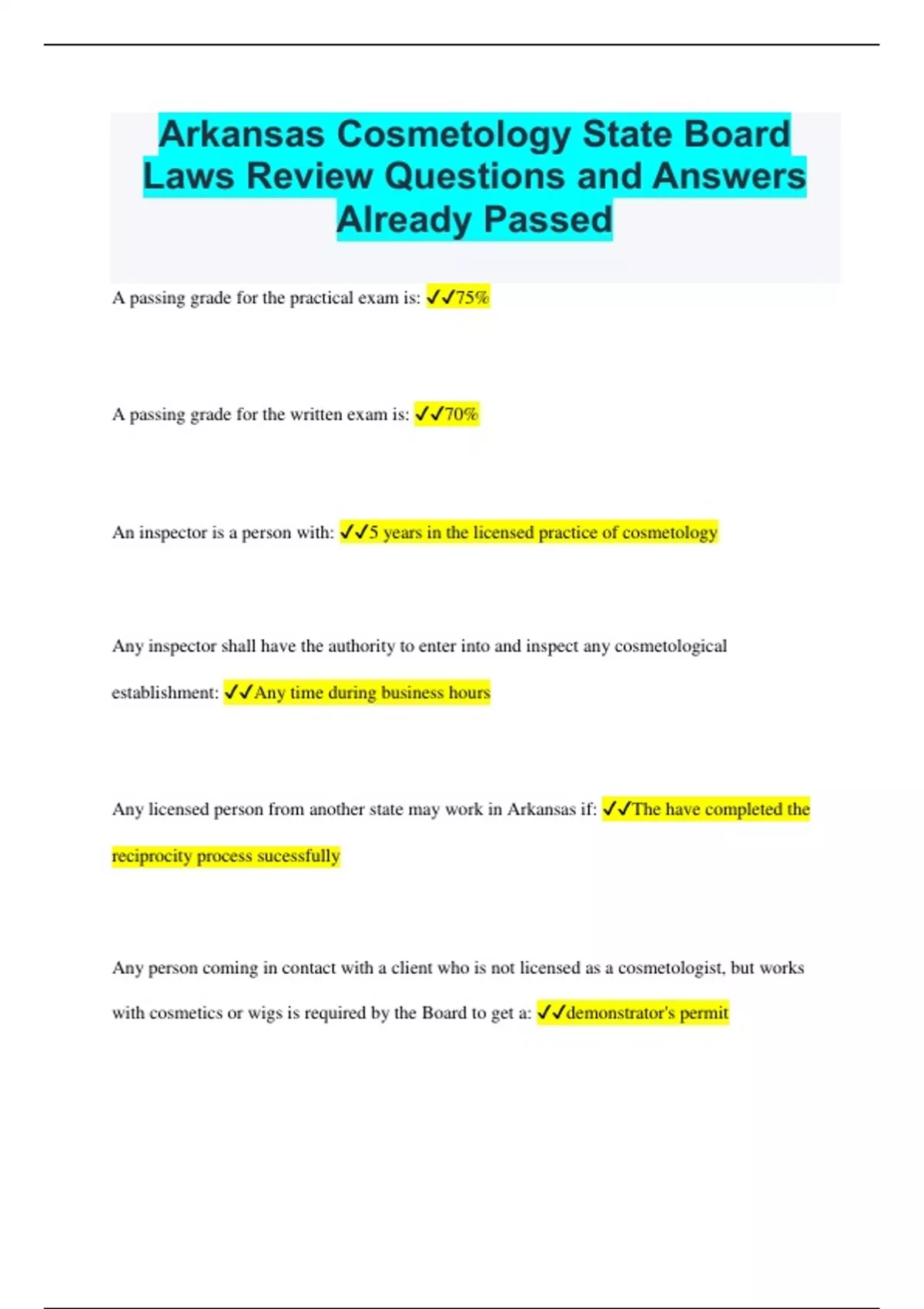 Arkansas Cosmetology State Board Laws Review Questions and Answers ...
