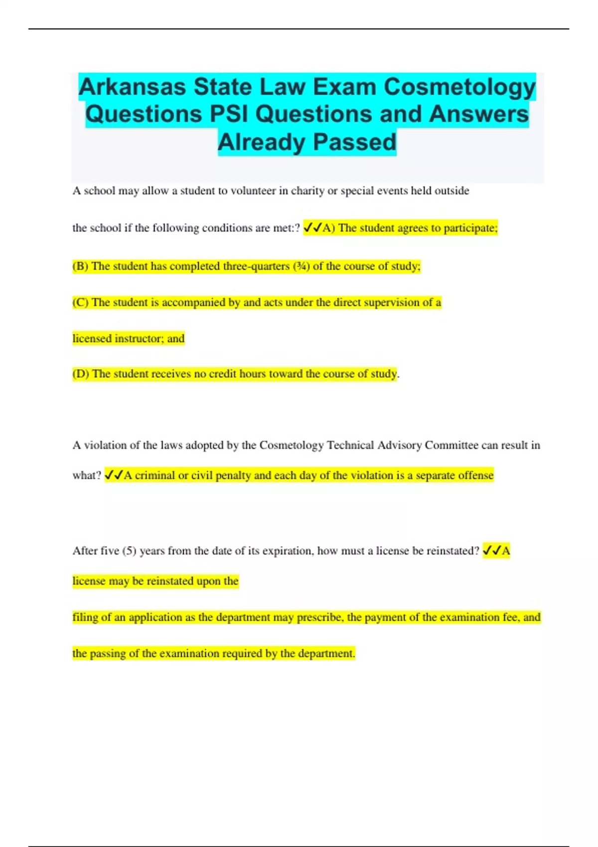 Arkansas State Law Exam Cosmetology Questions PSI Questions and Answers ...