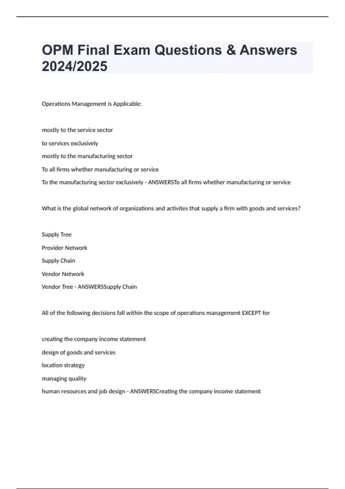 OPM Final Exam Questions & Answers 2024/2025 - OPM - Stuvia US