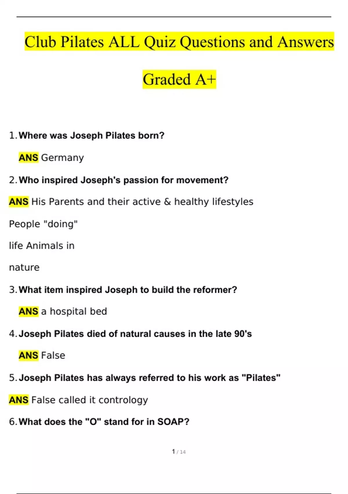 Club Pilates ALL Quiz Questions and Answers Graded A+ 2024 - Club ...