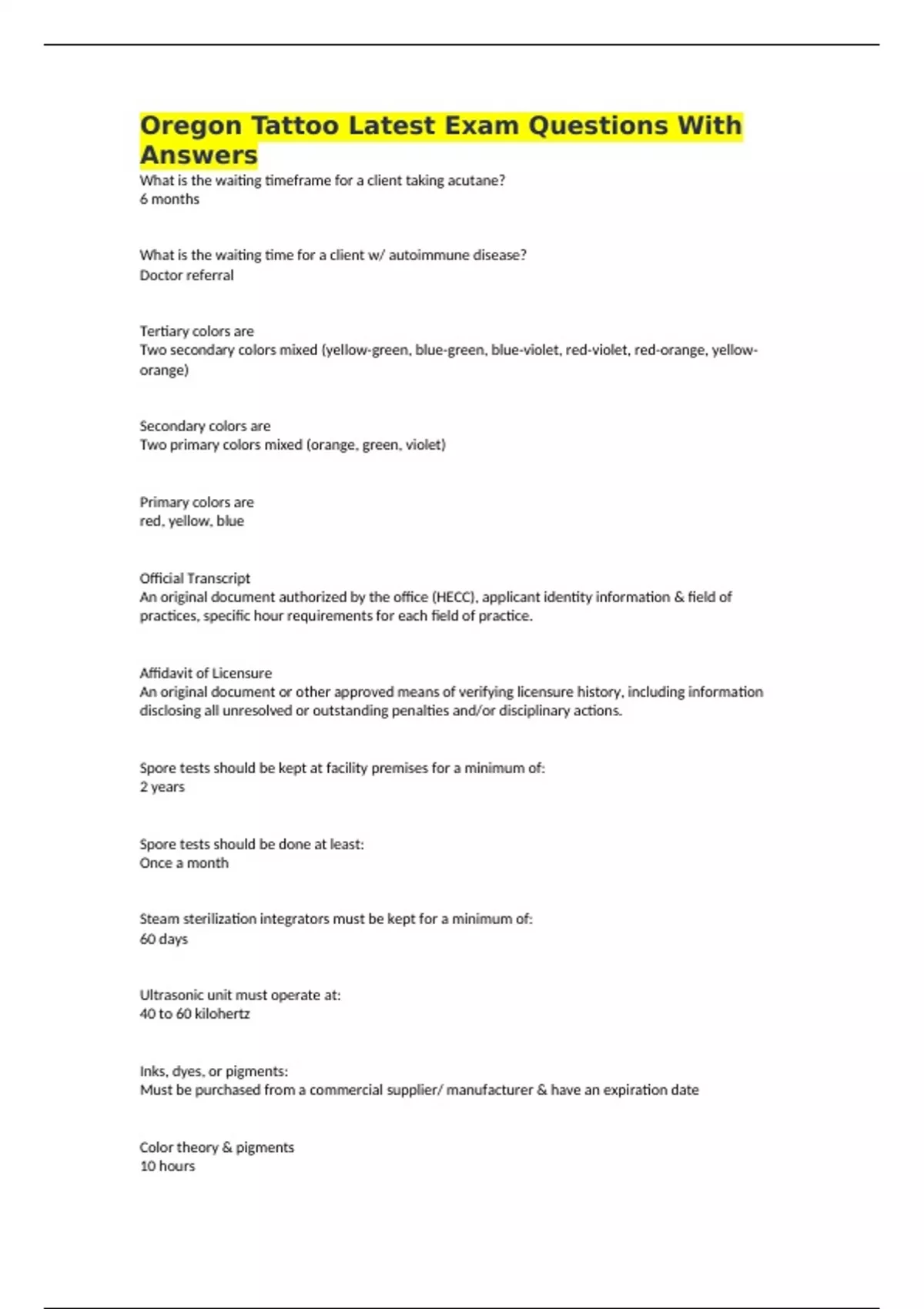 Oregon Tattoo Latest Exam Questions With Answers - Oregon Tattoo ...