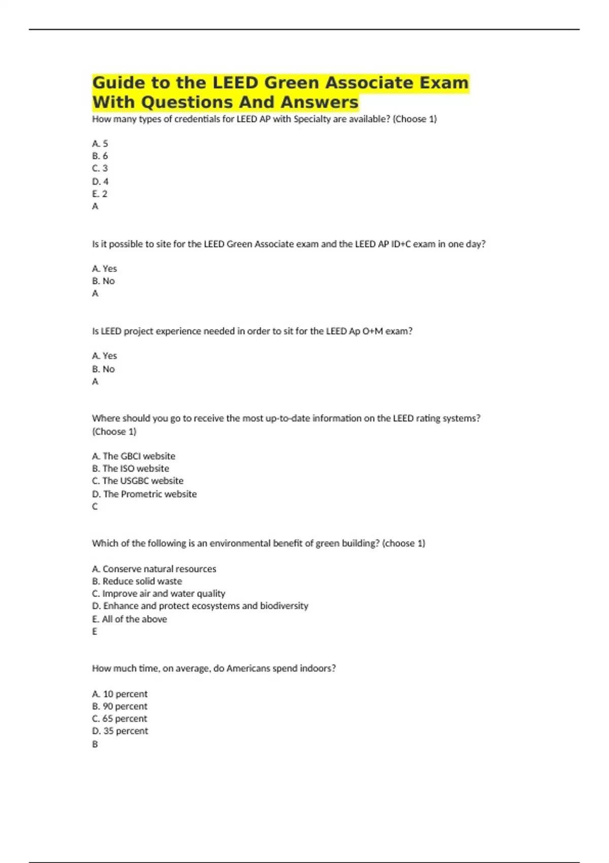 Guide to the LEED Green Associate Exam With Questions And Answers ...