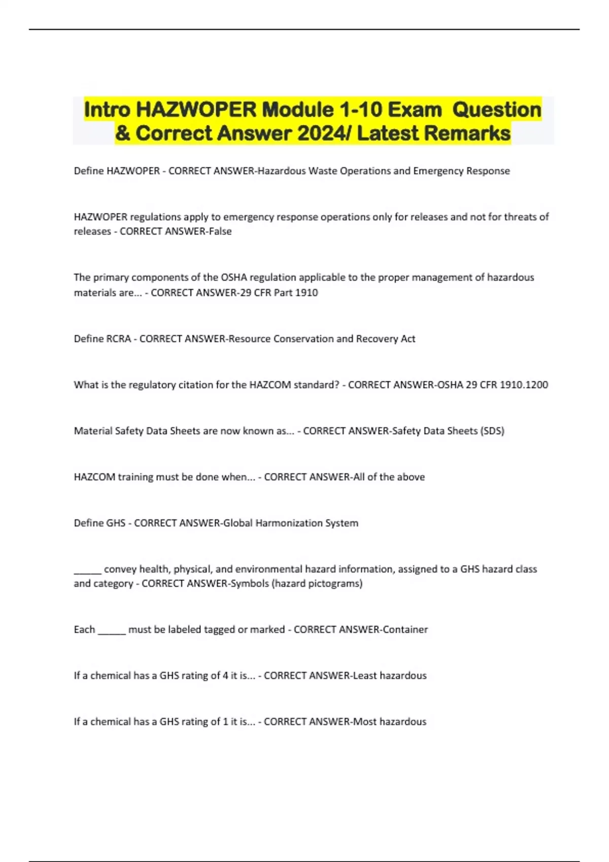 HAZWOPER: Hazardous Waste Operations and Emergency Response - Stuvia US