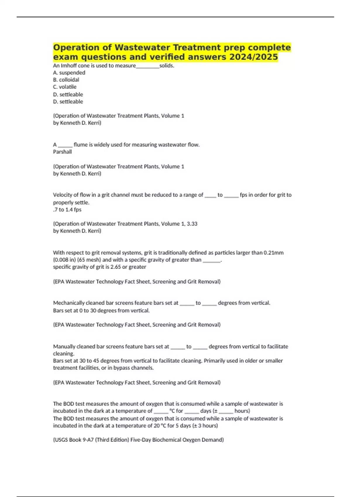 Operation of Wastewater Treatment prep complete exam questions and ...