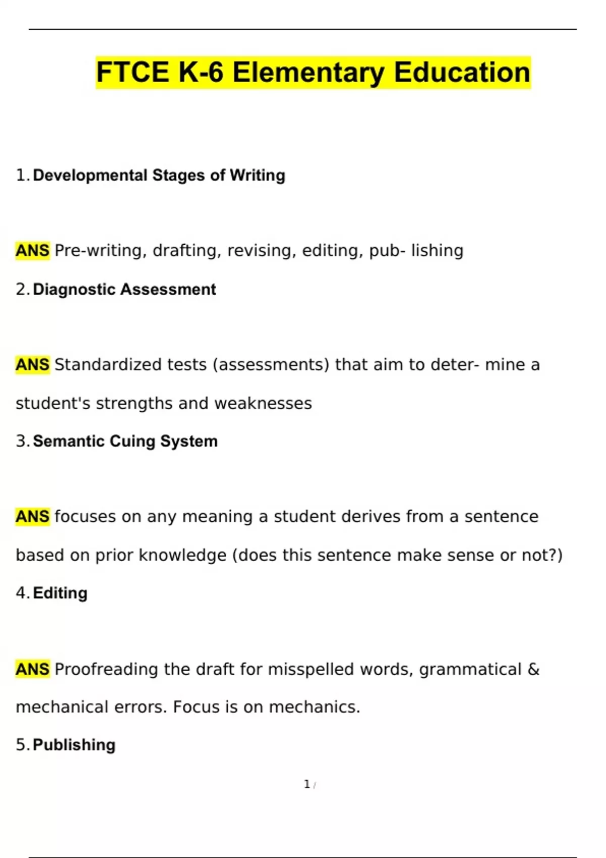 FTCE K-6 Elementary Education Actual Exam with Questions and Answers ...