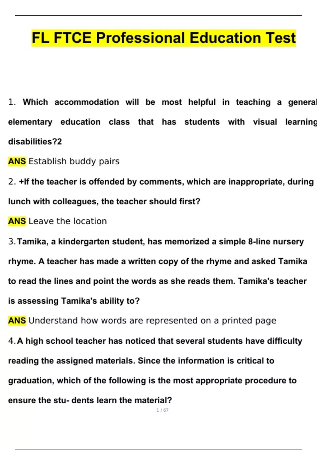 FL FTCE Professional Education Test Actual 2026 Exam with Questions and ...