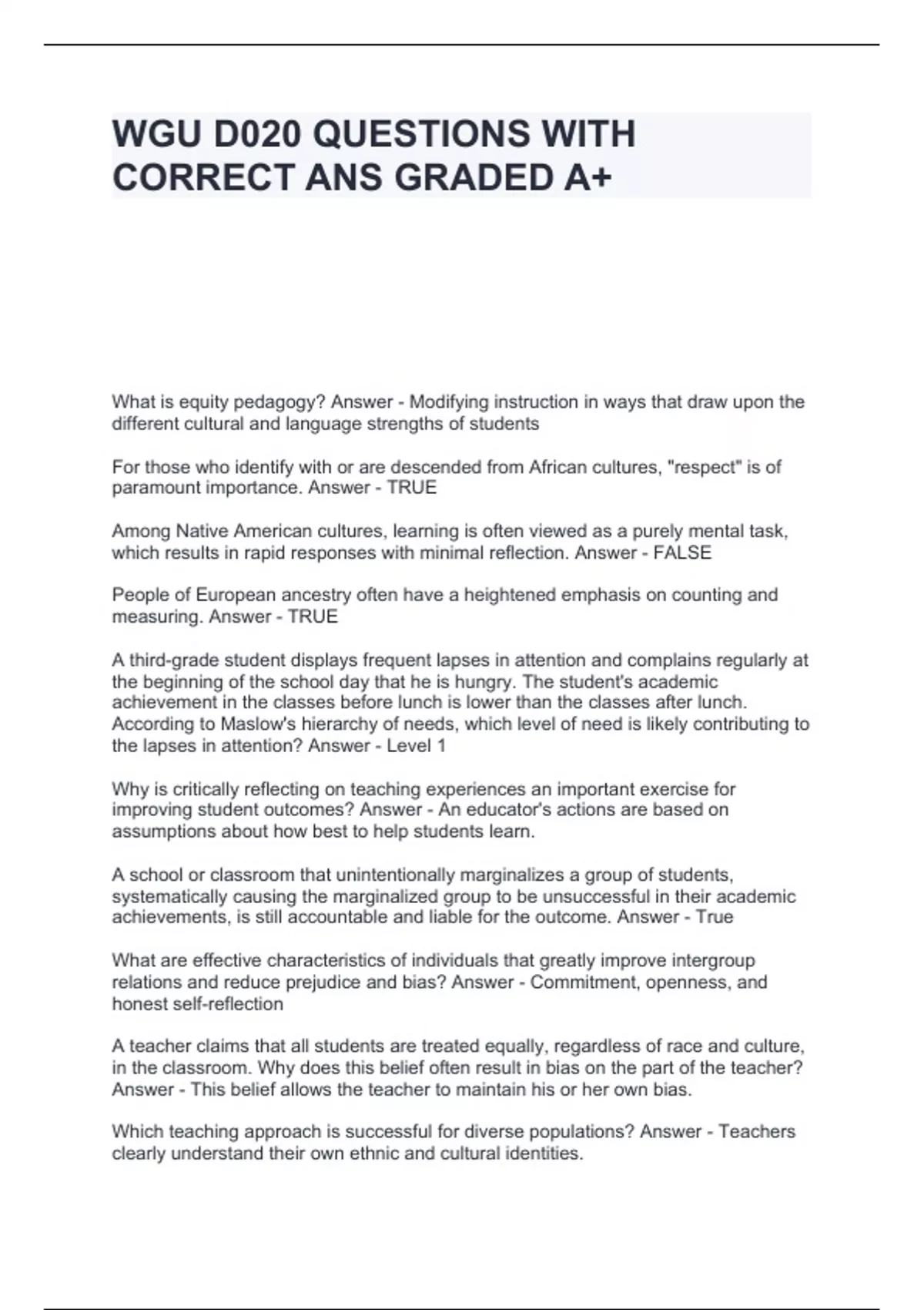 WGU D020 QUESTIONS WITH CORRECT ANS GRADED A+ - WGU D020 - Stuvia US