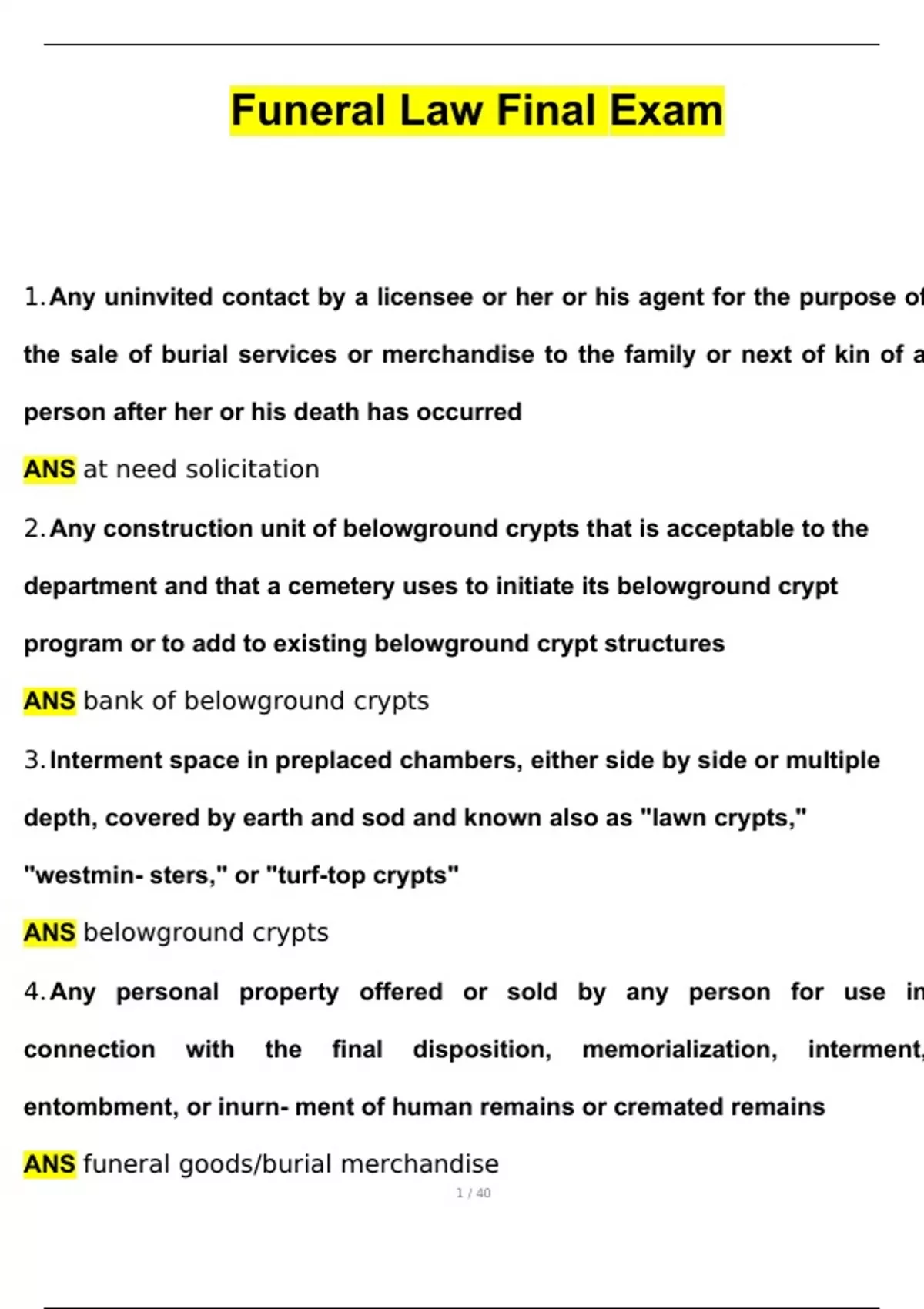 Funeral Law Final Exam Actual Exam with Questions and Answers (2024 / ...