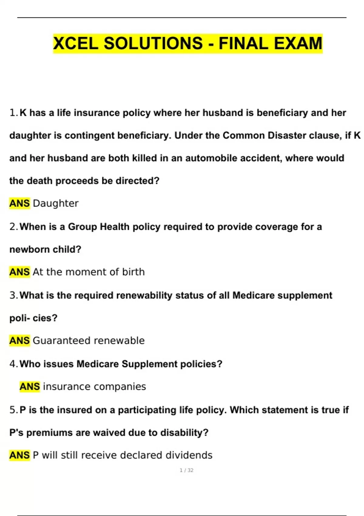 XCEL - FINAL EXAM SOLUTIONS Actual Exam with Questions and Answers ...