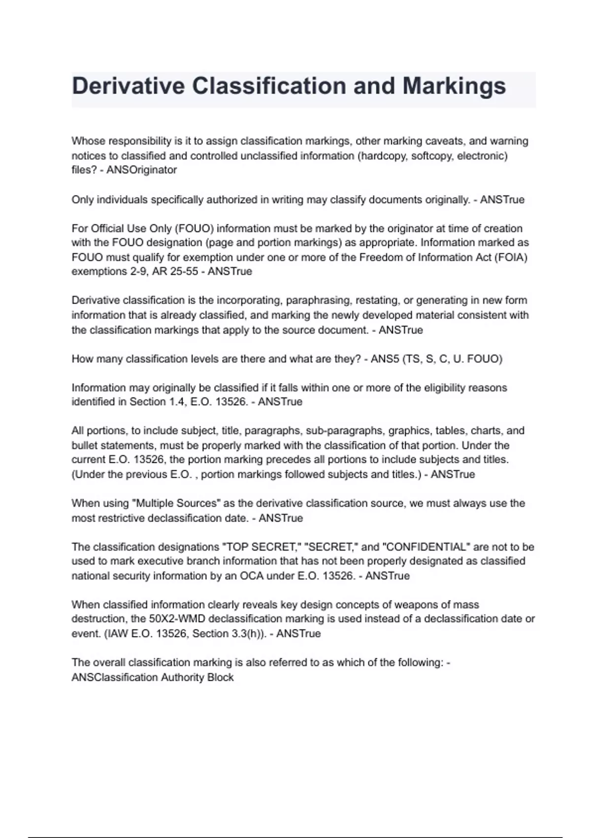 Derivative Classification And Markings Questions And Answers Graded A By Experts 2024 2025