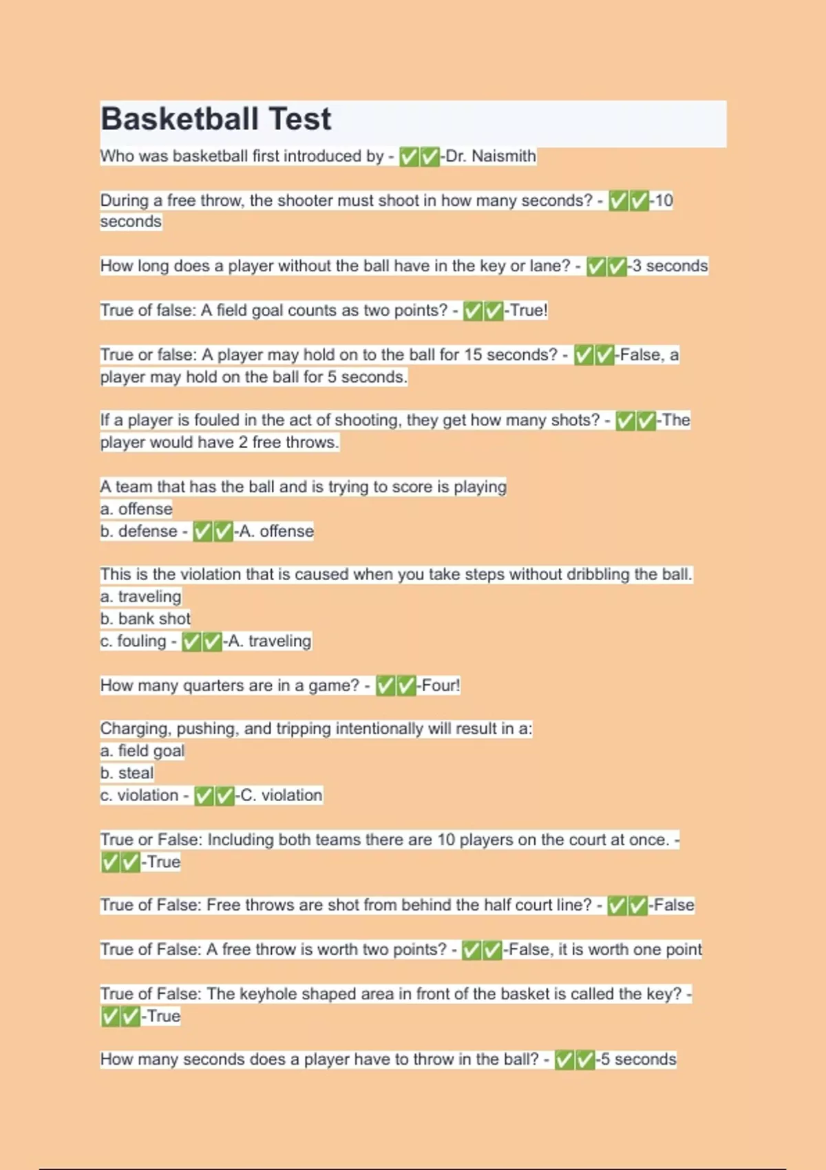 Basketball Test - Questions with Explanations of Answers Latest Update ...