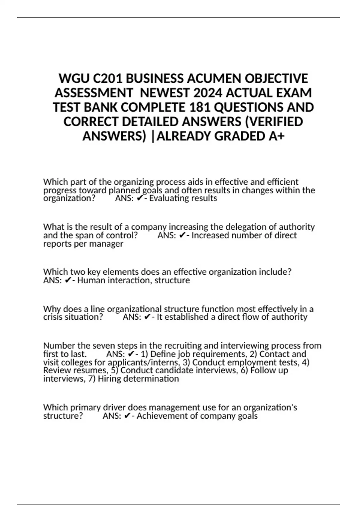 WGU C201 BUSINESS ACUMEN OBJECTIVE ASSESSMENT NEWEST 2024 ACTUAL EXAM ...