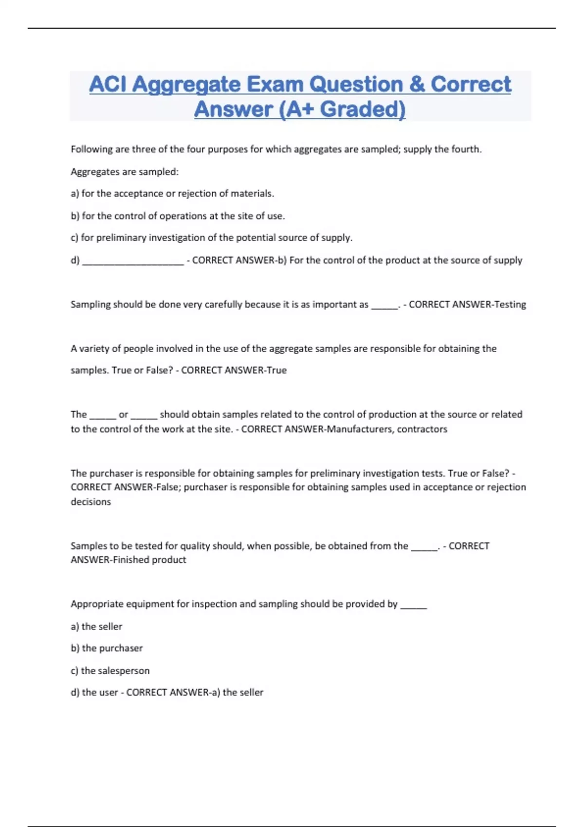 ACI Aggregate Exam Question & Correct Answer (A+ Graded) - ACI concrete ...