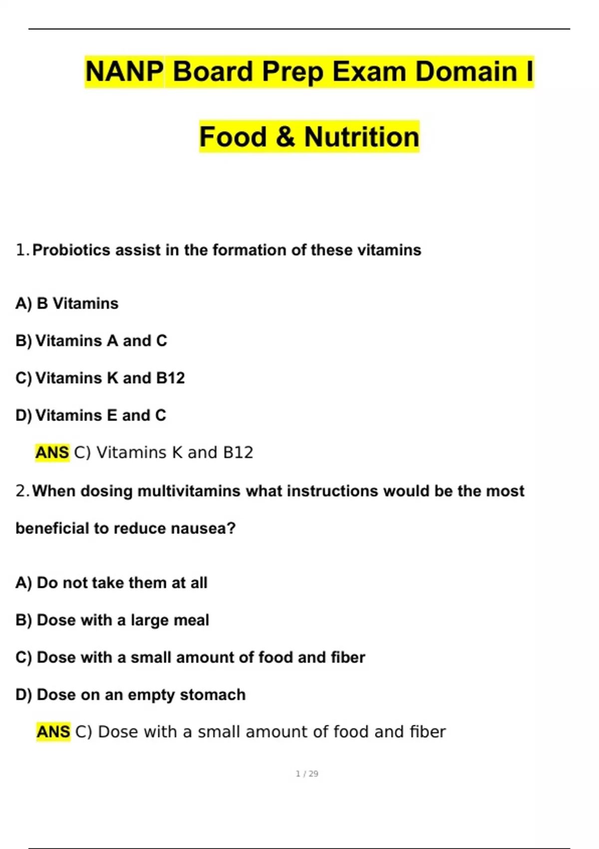 NANP Board Prep Exam Domain I - Food & Nutrition Actual Exam with ...