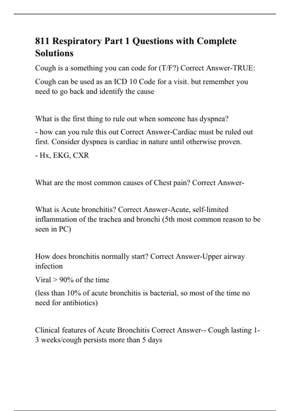 811 Respiratory Part 1 Questions with Complete Solutions - Respiratory - Stuvia US