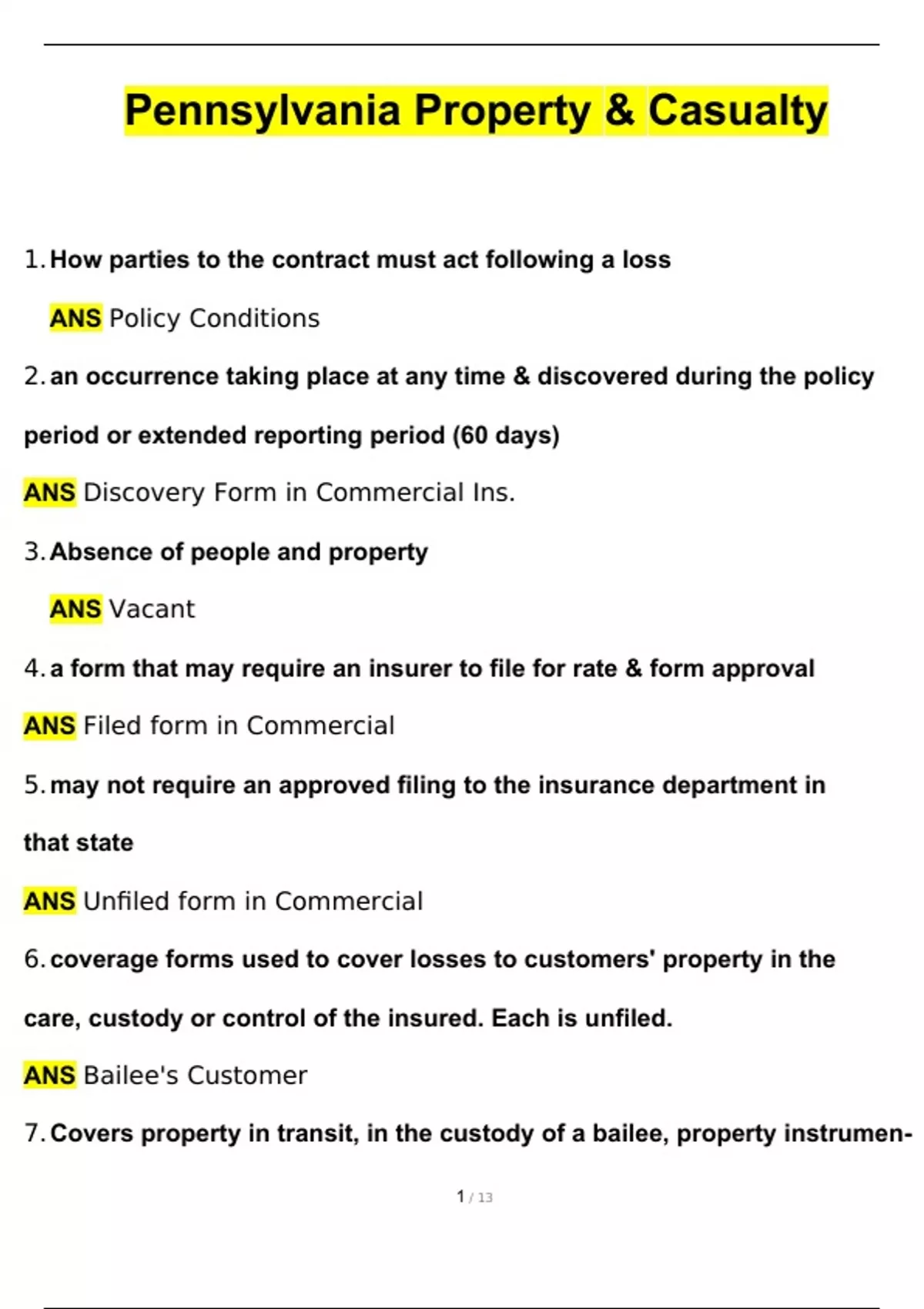 Pennsylvania Property & Casualty Actual Exam with Questions and Answers ...