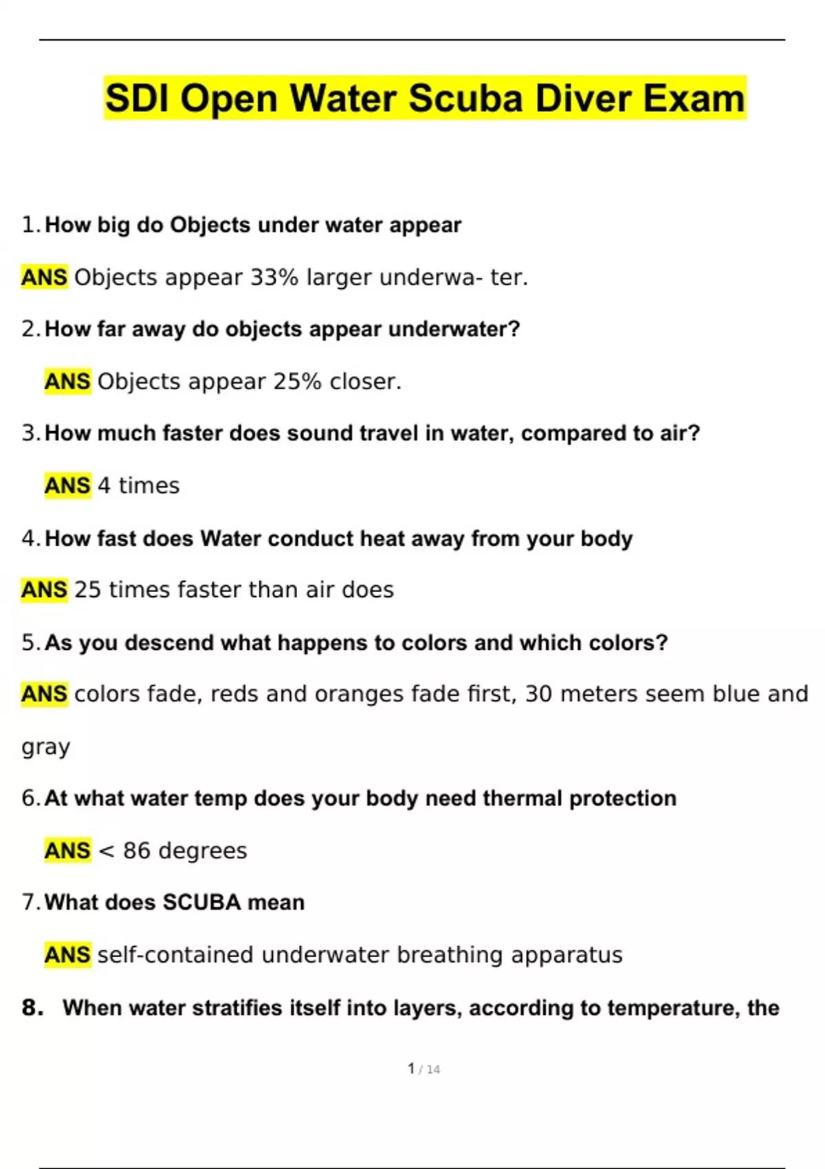 SDI Open Water Scuba Diver Exam Actual Exam with Questions and Answers (2024 / 2025) 100% ...