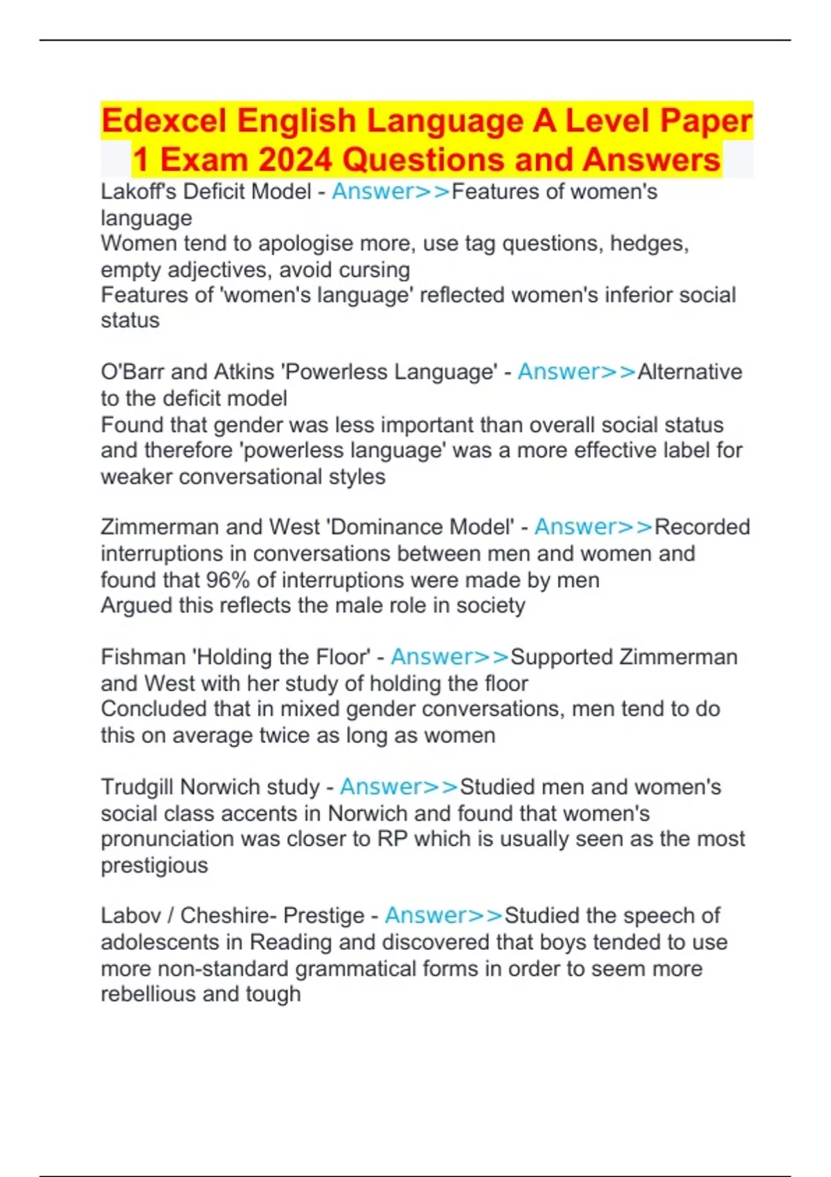 Edexcel English Language A Level Paper 1 Exam 2024 Questions and Answers - Edexcel A-level ...