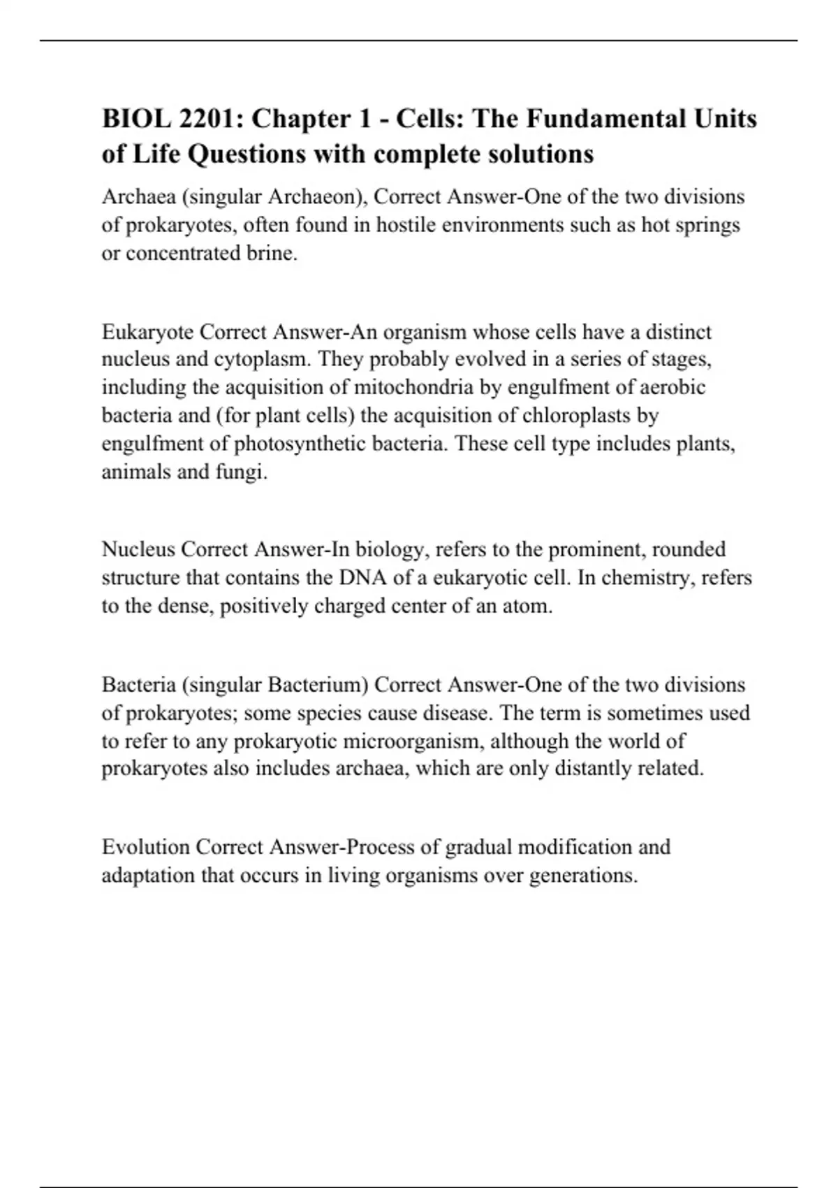 BIOL 2201: Chapter 1 - Cells: The Fundamental Units of Life Questions with complete solutions ...