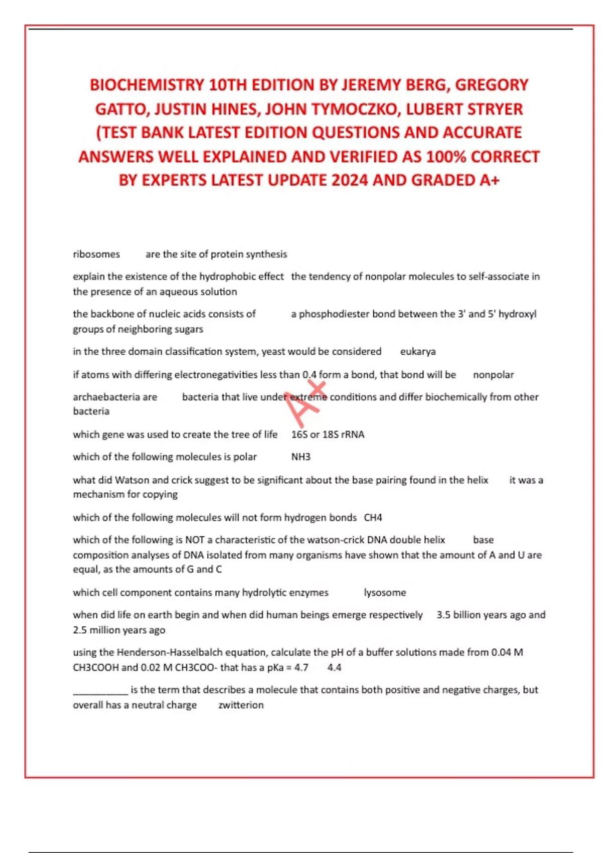 BIOCHEMISTRY 10TH EDITION BY JEREMY BERG, GREGORY GATTO, JUSTIN HINES ...