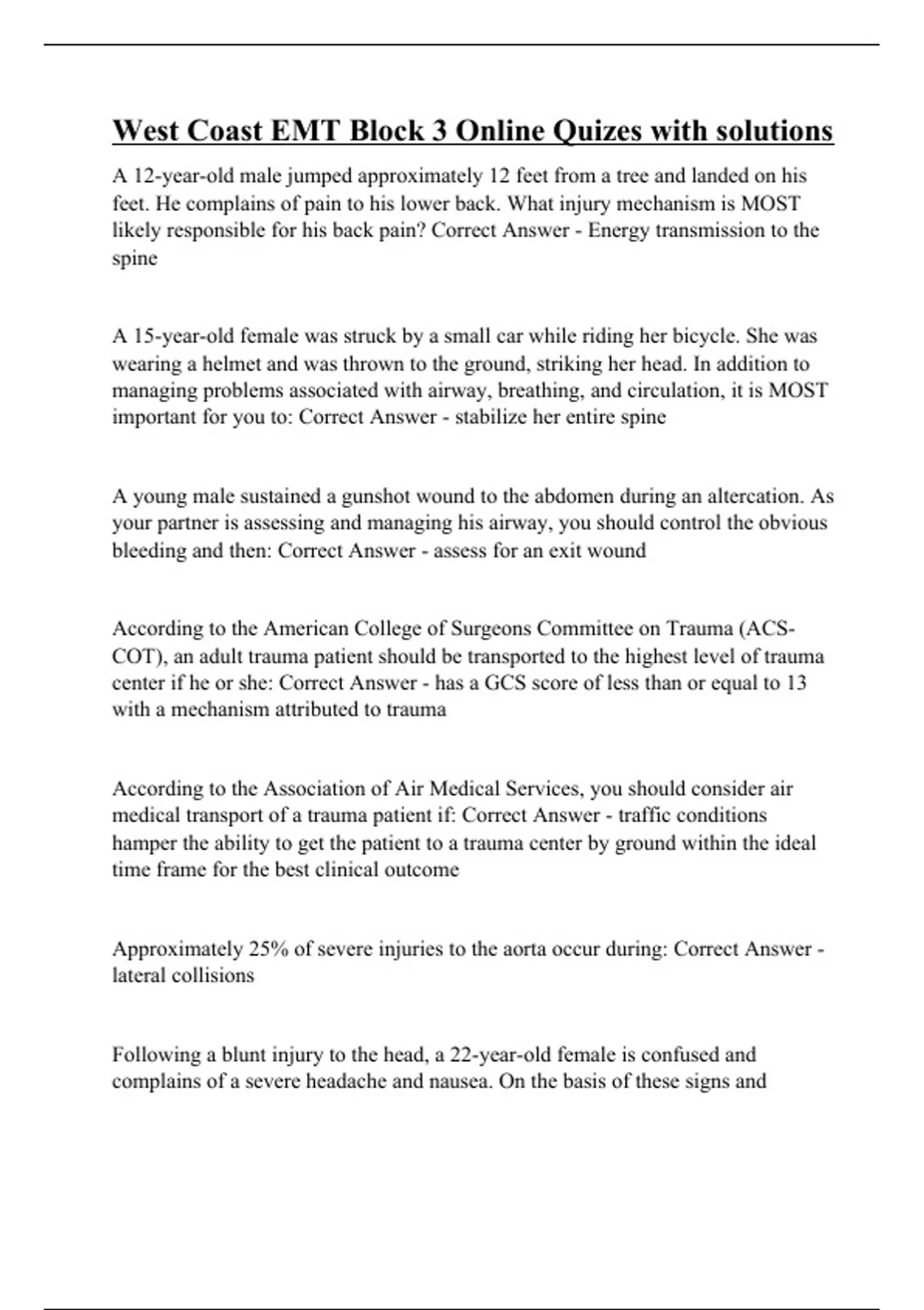 West Coast EMT Block 3 Online Quizes with solutions - West coast Emt ...