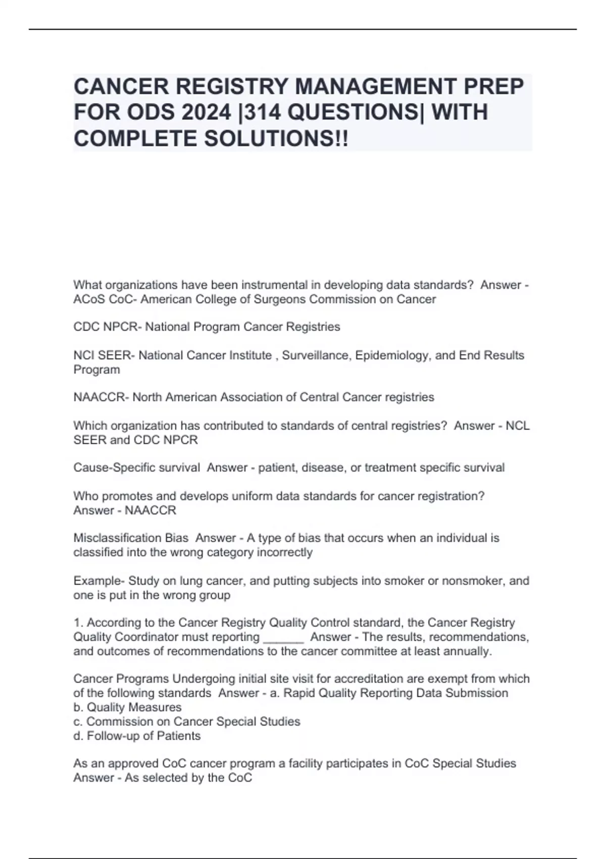 CANCER REGISTRY MANAGEMENT PREP FOR ODS 2024 |314 QUESTIONS| WITH ...