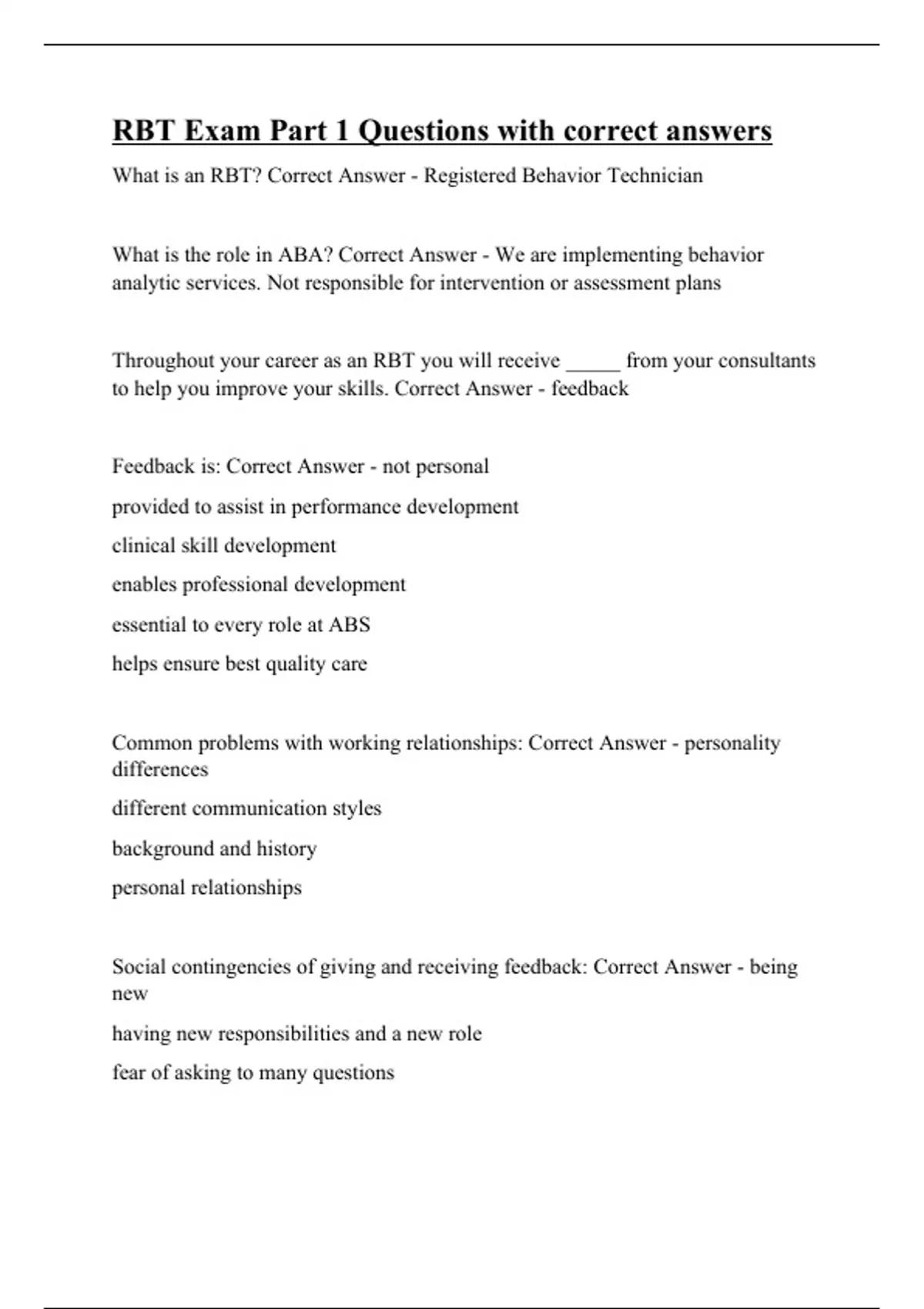 RBT Exam Part 1 Questions with correct answers - Rbt - Stuvia US