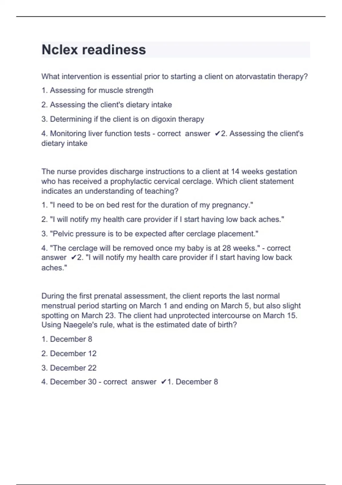 Nclex readiness Questions with complete solution - NCLEX PN - Stuvia US