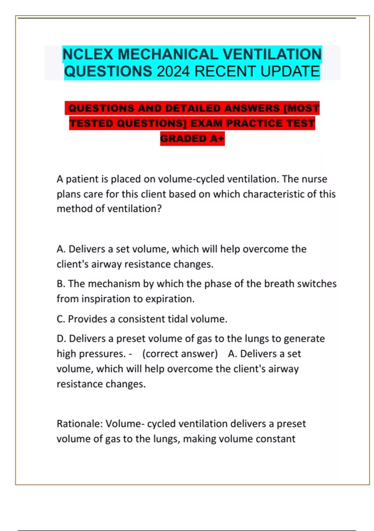 NCLEX MECHANICAL VENTILATION QUESTIONS 2024 RECENT UPDATE QUESTIONS AND ...