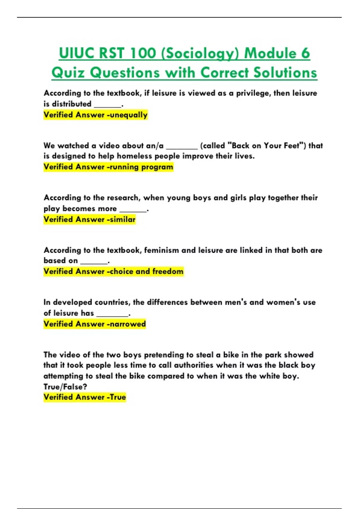 UIUC RST 100 (Sociology) Module 6 Quiz Questions with Correct Solutions ...