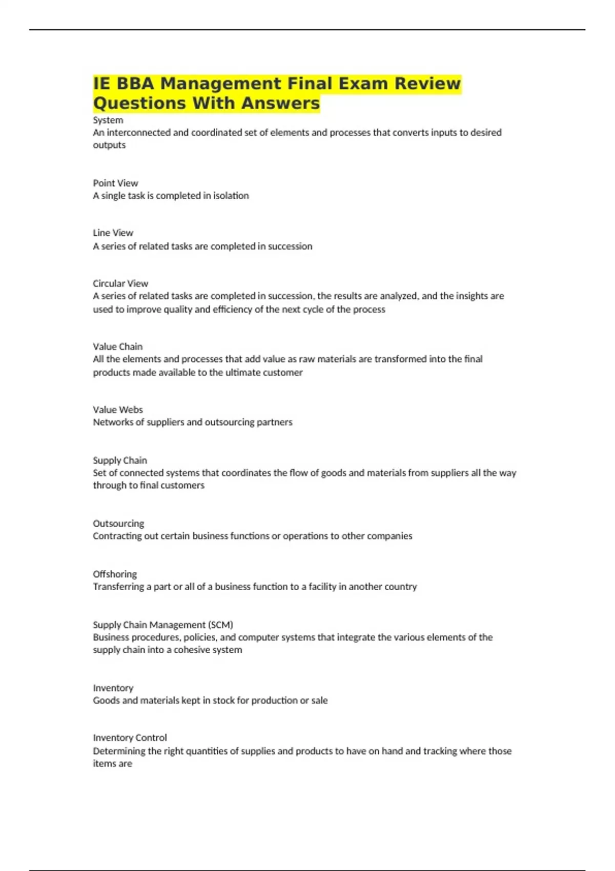 IE BBA Management Final Exam Review Questions With Answers - BBA ...