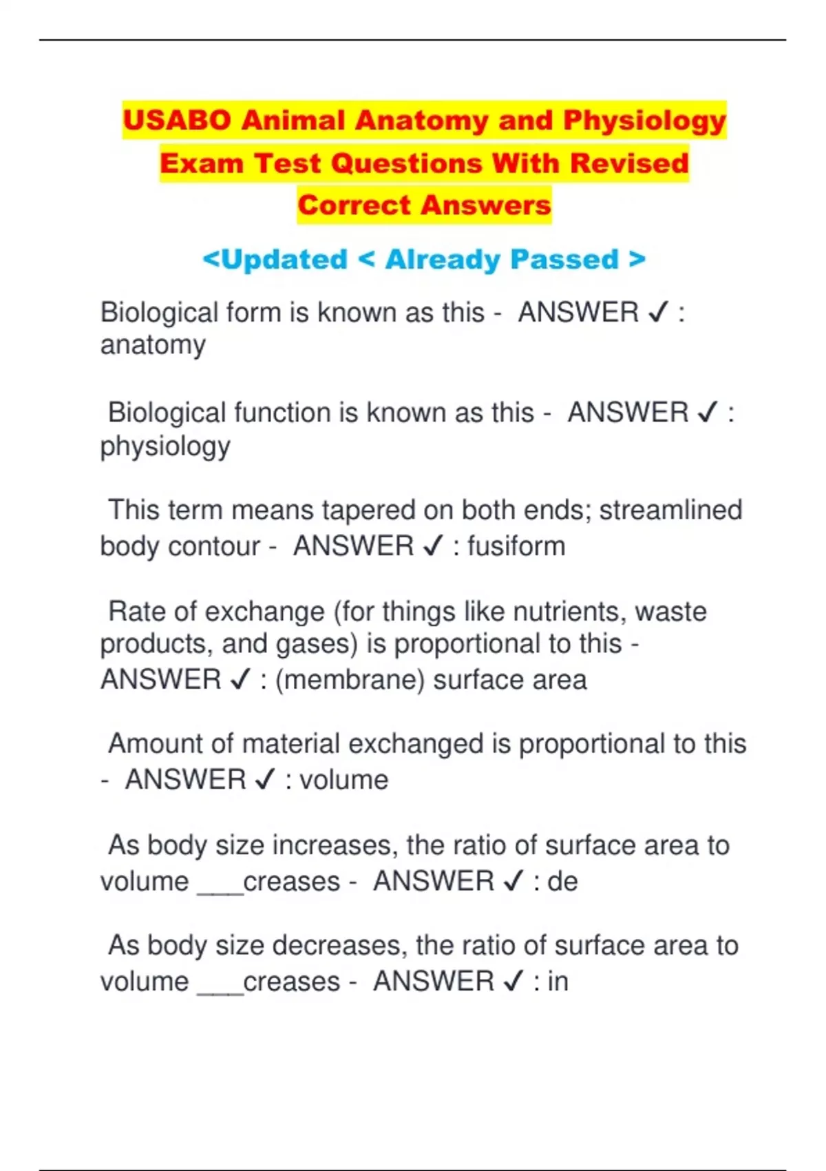 USABO Animal Anatomy and Physiology Exam Test Questions With Revised ...